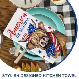 Seliem 4th of July America The Beautiful Patriotic Cow Kitchen Dish Towel Set of 2, Highland Cattle Stars Stripes Hand Towel Drying Baking Cooking Cloth, Summer Holiday USA Kitchen Decor 18x26 Inches