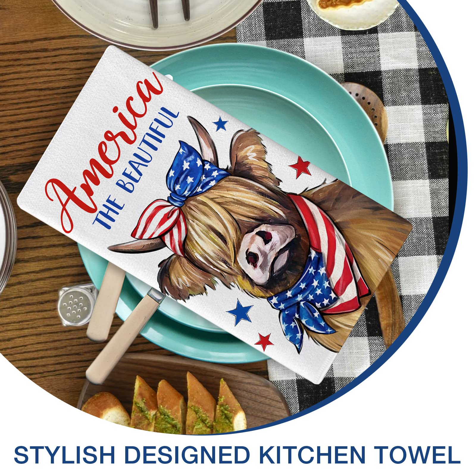 Seliem 4th of July America The Beautiful Patriotic Cow Kitchen Dish Towel Set of 2, Highland Cattle Stars Stripes Hand Towel Drying Baking Cooking Cloth, Summer Holiday USA Kitchen Decor 18x26 Inches