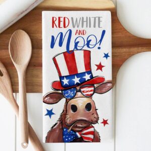 Seliem 4th of July America The Beautiful Patriotic Cow Kitchen Dish Towel Set of 2, Highland Cattle Stars Stripes Hand Towel Drying Baking Cooking Cloth, Summer Holiday USA Kitchen Decor 18x26 Inches