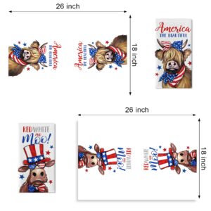 Seliem 4th of July America The Beautiful Patriotic Cow Kitchen Dish Towel Set of 2, Highland Cattle Stars Stripes Hand Towel Drying Baking Cooking Cloth, Summer Holiday USA Kitchen Decor 18x26 Inches