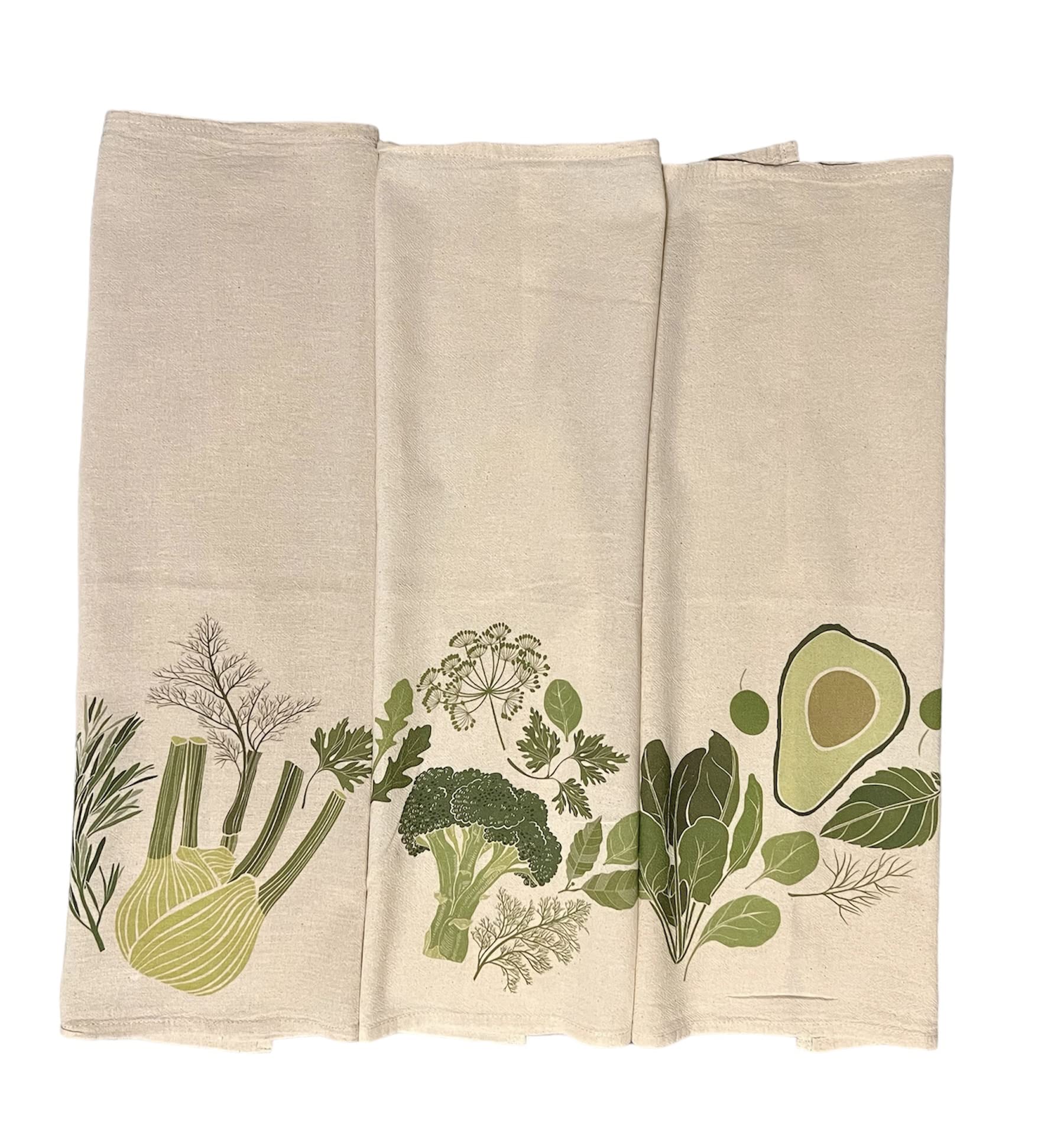 Unbleached Cotton Ecofriendly Flour Sack Kitchen Towels Set of 3 Premium Quality, Highly Absorbent, Vegetable Print