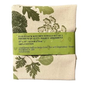 Unbleached Cotton Ecofriendly Flour Sack Kitchen Towels Set of 3 Premium Quality, Highly Absorbent, Vegetable Print