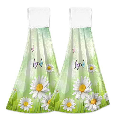 Boccsty Spring Summer Meadow White Daisy Hanging Kitchen Towels 2 Pieces Flowers Butterflies Dish Cloth Tie Towels Hand Towel Tea Bar Towels for Bathroom Farmhous Housewarming Tabletop Home Decor