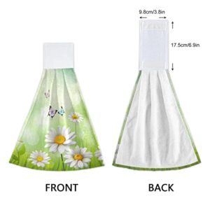 Boccsty Spring Summer Meadow White Daisy Hanging Kitchen Towels 2 Pieces Flowers Butterflies Dish Cloth Tie Towels Hand Towel Tea Bar Towels for Bathroom Farmhous Housewarming Tabletop Home Decor