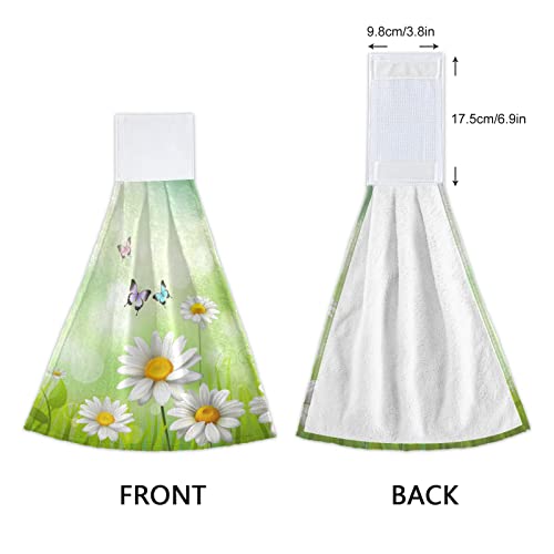 Boccsty Spring Summer Meadow White Daisy Hanging Kitchen Towels 2 Pieces Flowers Butterflies Dish Cloth Tie Towels Hand Towel Tea Bar Towels for Bathroom Farmhous Housewarming Tabletop Home Decor