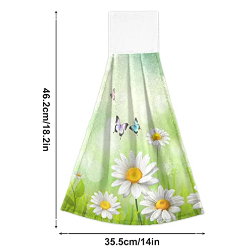 Boccsty Spring Summer Meadow White Daisy Hanging Kitchen Towels 2 Pieces Flowers Butterflies Dish Cloth Tie Towels Hand Towel Tea Bar Towels for Bathroom Farmhous Housewarming Tabletop Home Decor