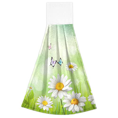 Boccsty Spring Summer Meadow White Daisy Hanging Kitchen Towels 2 Pieces Flowers Butterflies Dish Cloth Tie Towels Hand Towel Tea Bar Towels for Bathroom Farmhous Housewarming Tabletop Home Decor