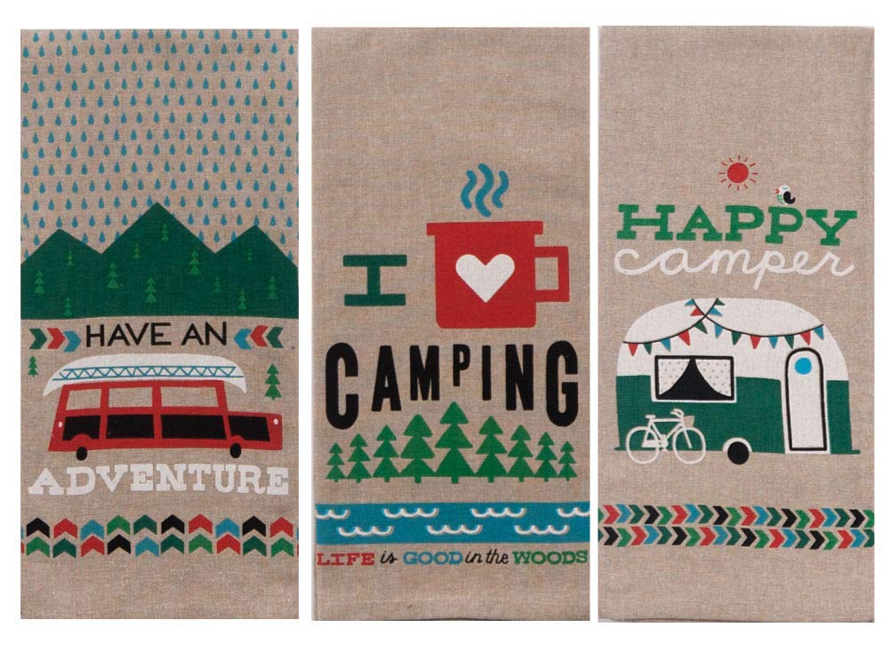 Kay Dee Designs Camping Adventures Chambray Tea Towel Set of 3: Bundle Designs Include: Have an Adventure - I Heart Camping - Happy Camper