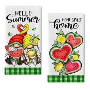 seliem hello summer gnome watermelon lemon kitchen dish towel set of 2, buffalo plaid check hand towel farmhouse drying baking cooking cloth, home sweet home seasonal kitchen decor 18x26 inches