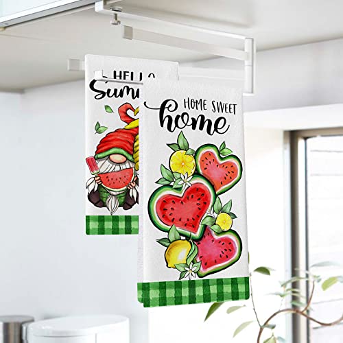 Seliem Hello Summer Gnome Watermelon Lemon Kitchen Dish Towel Set of 2, Buffalo Plaid Check Hand Towel Farmhouse Drying Baking Cooking Cloth, Home Sweet Home Seasonal Kitchen Decor 18x26 Inches