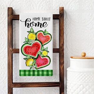 Seliem Hello Summer Gnome Watermelon Lemon Kitchen Dish Towel Set of 2, Buffalo Plaid Check Hand Towel Farmhouse Drying Baking Cooking Cloth, Home Sweet Home Seasonal Kitchen Decor 18x26 Inches