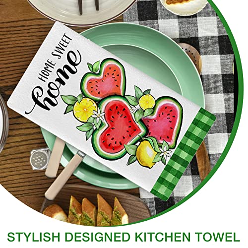 Seliem Hello Summer Gnome Watermelon Lemon Kitchen Dish Towel Set of 2, Buffalo Plaid Check Hand Towel Farmhouse Drying Baking Cooking Cloth, Home Sweet Home Seasonal Kitchen Decor 18x26 Inches