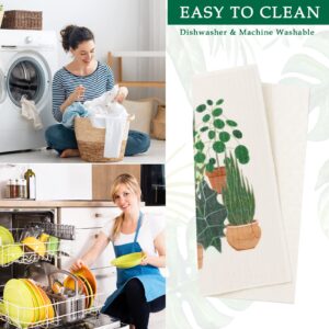 Whaline 8Pcs Swedish Kitchen Dishcloths Greenery Botanical Pattern Reusable Dish Towel Absorbent Soft Washable Sponge Dish Cloth Green Plant Cotton Hand Towel for Home Kitchen Cleaning, 6.7x7.7inch