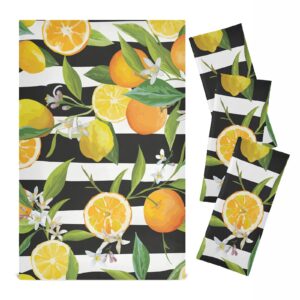 summer lemon orange kitchen dish towels set of 4, black stripes absorbent hand towels, lint-free 18"x28" fast drying hanging dishcloths for cooking baking home tea bar clean