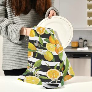 Summer Lemon Orange Kitchen Dish Towels Set of 4, Black Stripes Absorbent Hand Towels, Lint-Free 18"x28" Fast Drying Hanging Dishcloths for Cooking Baking Home Tea Bar Clean