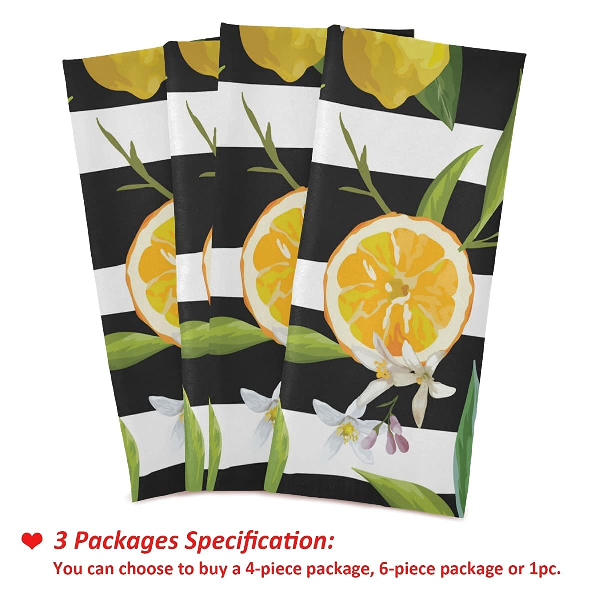 Summer Lemon Orange Kitchen Dish Towels Set of 4, Black Stripes Absorbent Hand Towels, Lint-Free 18"x28" Fast Drying Hanging Dishcloths for Cooking Baking Home Tea Bar Clean