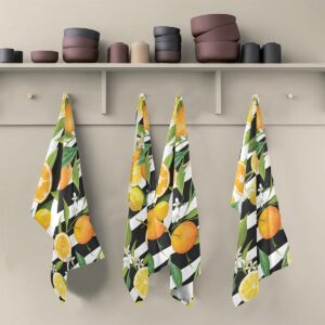 Summer Lemon Orange Kitchen Dish Towels Set of 4, Black Stripes Absorbent Hand Towels, Lint-Free 18"x28" Fast Drying Hanging Dishcloths for Cooking Baking Home Tea Bar Clean