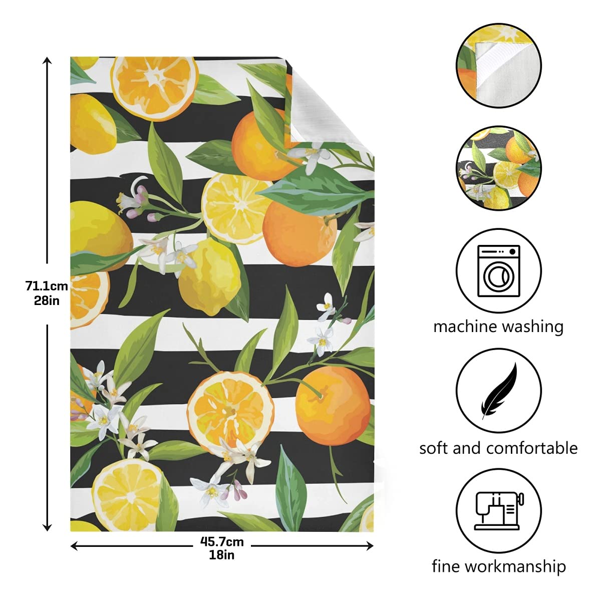 Summer Lemon Orange Kitchen Dish Towels Set of 4, Black Stripes Absorbent Hand Towels, Lint-Free 18"x28" Fast Drying Hanging Dishcloths for Cooking Baking Home Tea Bar Clean