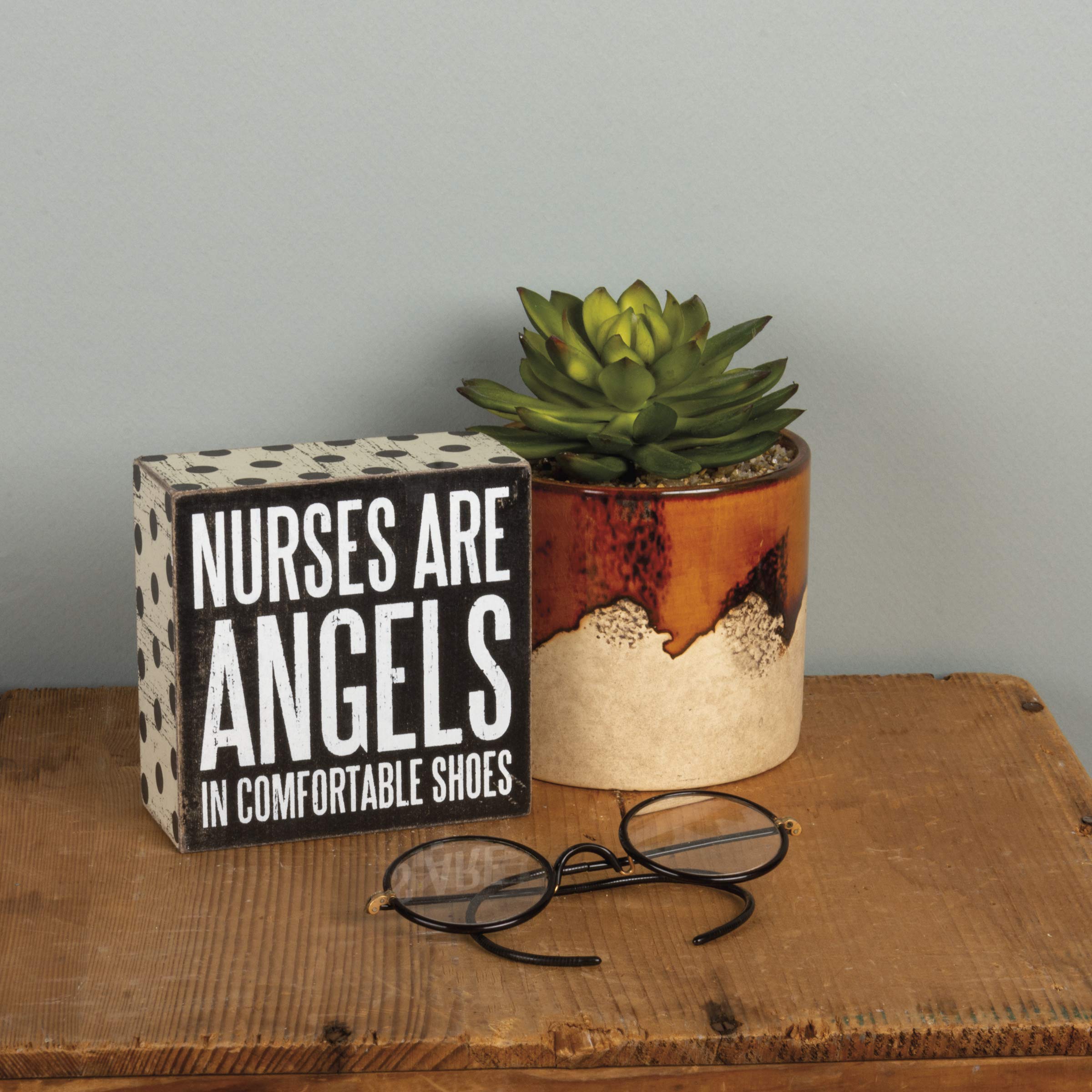 Primitives by Kathy 31137 Polka Dot-Trimmed Box Sign, 4 x 4-Inches, Nurses are Angels