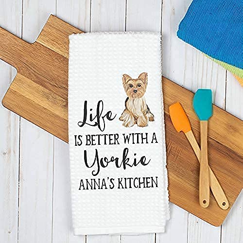 CANARY ROAD Life is Better With a Yorkie Kitchen Towel, Personalized Yorkie Tea Towel, Yorkshire Terrior Owner, Dog Hand Towel, Dog Lover Gift, Yorkie Decor