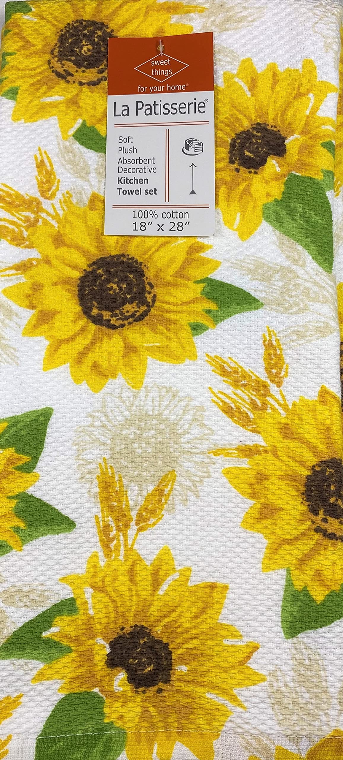 La Patisserie Plush, Absorbent Kitchen Towels Set Sunflowers 18" x 28" 100% Cotton Multi Color