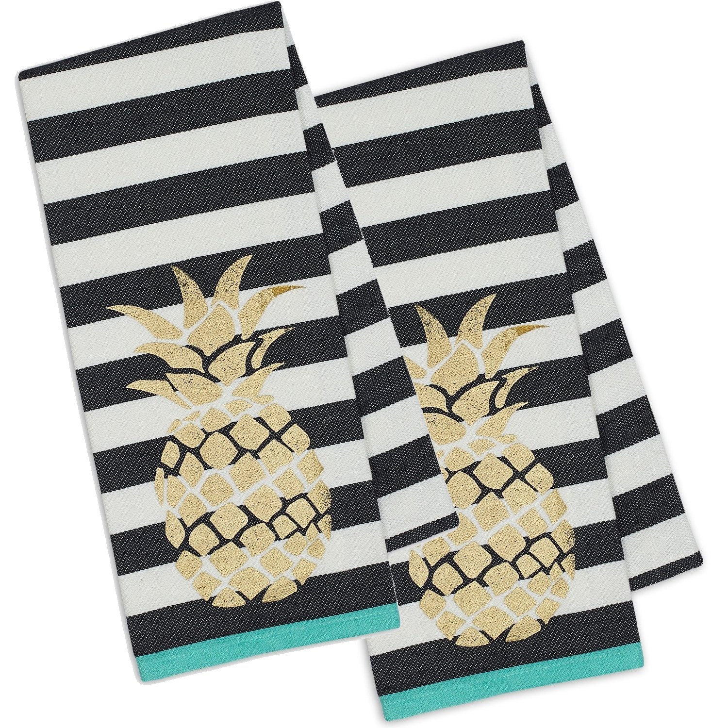 DII Set of 2 Golden Pineapple Dishtowels with Black and White Stripes (2)