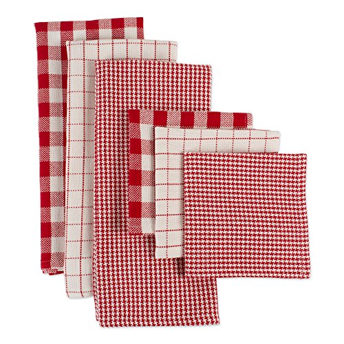 DII Heavy Duty Kitchen Towels Collection Long Lasting Quality, Cotton Dish Towel, 18x28; Dish Cloth, 13x13, Holiday Red Checks, 6 Piece