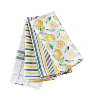 ANA Eco-Friendly 100% Cotton and Highly Absorbent Kitchen Discloth Towels | Lemon Yellow Print | Set of 4 | Stripe and Check Print | 20x28 inch | Designed to Make Your Kitchen More Alluring