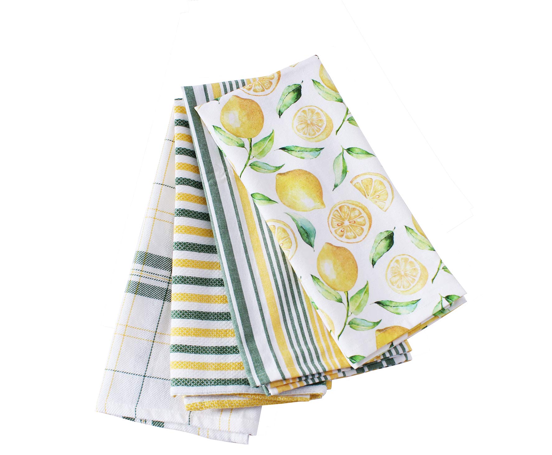 ANA Eco-Friendly 100% Cotton and Highly Absorbent Kitchen Discloth Towels | Lemon Yellow Print | Set of 4 | Stripe and Check Print | 20x28 inch | Designed to Make Your Kitchen More Alluring