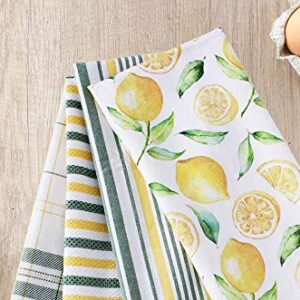 ANA Eco-Friendly 100% Cotton and Highly Absorbent Kitchen Discloth Towels | Lemon Yellow Print | Set of 4 | Stripe and Check Print | 20x28 inch | Designed to Make Your Kitchen More Alluring