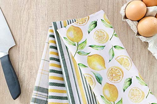 ANA Eco-Friendly 100% Cotton and Highly Absorbent Kitchen Discloth Towels | Lemon Yellow Print | Set of 4 | Stripe and Check Print | 20x28 inch | Designed to Make Your Kitchen More Alluring