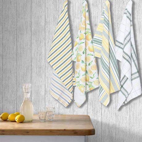 ANA Eco-Friendly 100% Cotton and Highly Absorbent Kitchen Discloth Towels | Lemon Yellow Print | Set of 4 | Stripe and Check Print | 20x28 inch | Designed to Make Your Kitchen More Alluring