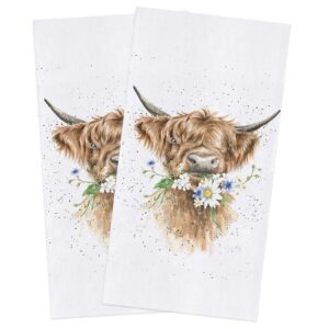 chucoco dish towels for kitchen, hand towel cleaning cloths watercolor highland wild animals yak with flower absorbent fast drying dish rags, farm cow bathroom cloth set of 2 with hanging loop