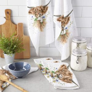 Chucoco Dish Towels for Kitchen, Hand Towel Cleaning Cloths Watercolor Highland Wild Animals Yak with Flower Absorbent Fast Drying Dish Rags, Farm Cow Bathroom Cloth Set of 2 with Hanging Loop