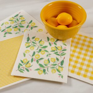 KAF Home Clean It Mixed Swedish Dish Cloths - Set of 4, Reusable, Absorbent Cellulose Sponge Towels for Kitchen, Cleaning Counters, and Washing Dishes (All Over Lemon)