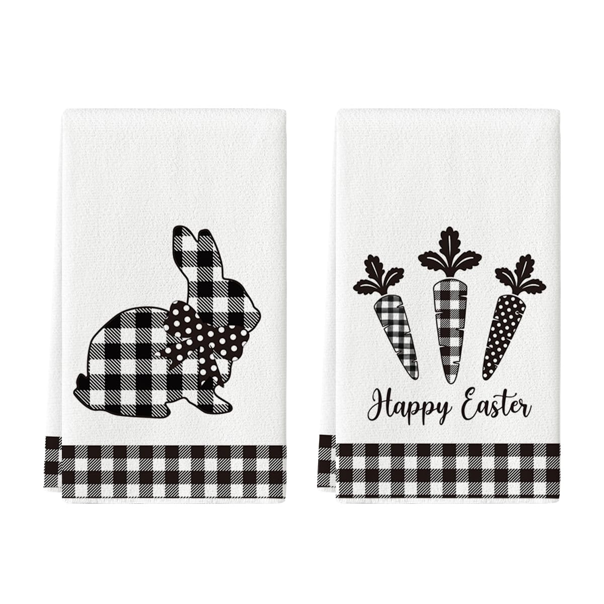 Artoid Mode Buffalo Plaid Rabbit Bunny Carrots Happy Easter Kitchen Dish Towels,18x26 Inch Seasonal Spring Decoration Hand Towels Set of 2