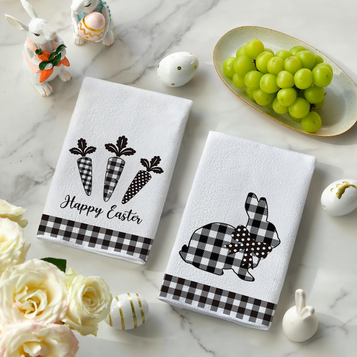 Artoid Mode Buffalo Plaid Rabbit Bunny Carrots Happy Easter Kitchen Dish Towels,18x26 Inch Seasonal Spring Decoration Hand Towels Set of 2