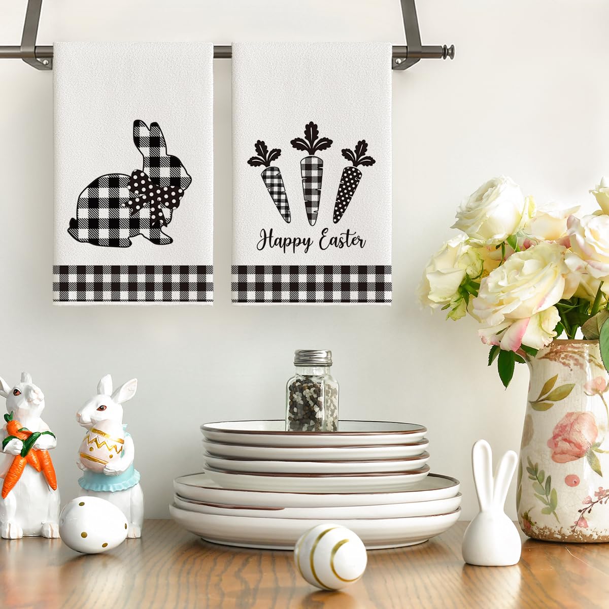 Artoid Mode Buffalo Plaid Rabbit Bunny Carrots Happy Easter Kitchen Dish Towels,18x26 Inch Seasonal Spring Decoration Hand Towels Set of 2