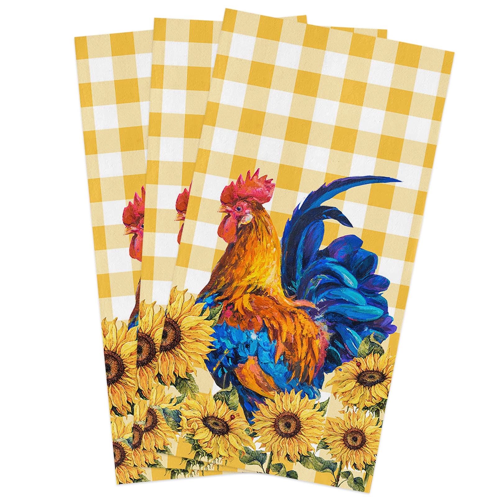 Kitchen Towels Farm Animal Rooster Sunflower Chicken Absorbent Tea Towel Soft Hand Dish Towel Yellow Plaid Reusable Washable Cleaning Cloth for Bathroom Bar for Everyday Cooking (Pack of 3)