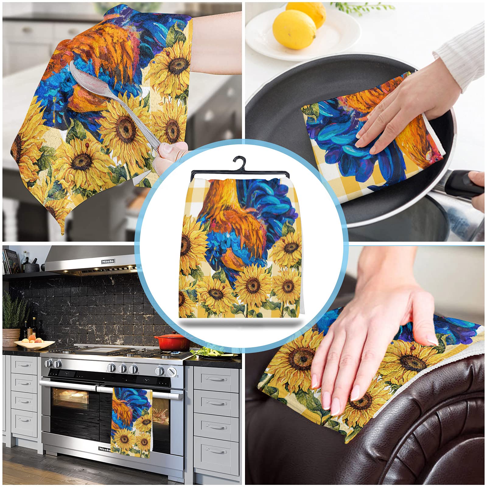 Kitchen Towels Farm Animal Rooster Sunflower Chicken Absorbent Tea Towel Soft Hand Dish Towel Yellow Plaid Reusable Washable Cleaning Cloth for Bathroom Bar for Everyday Cooking (Pack of 3)