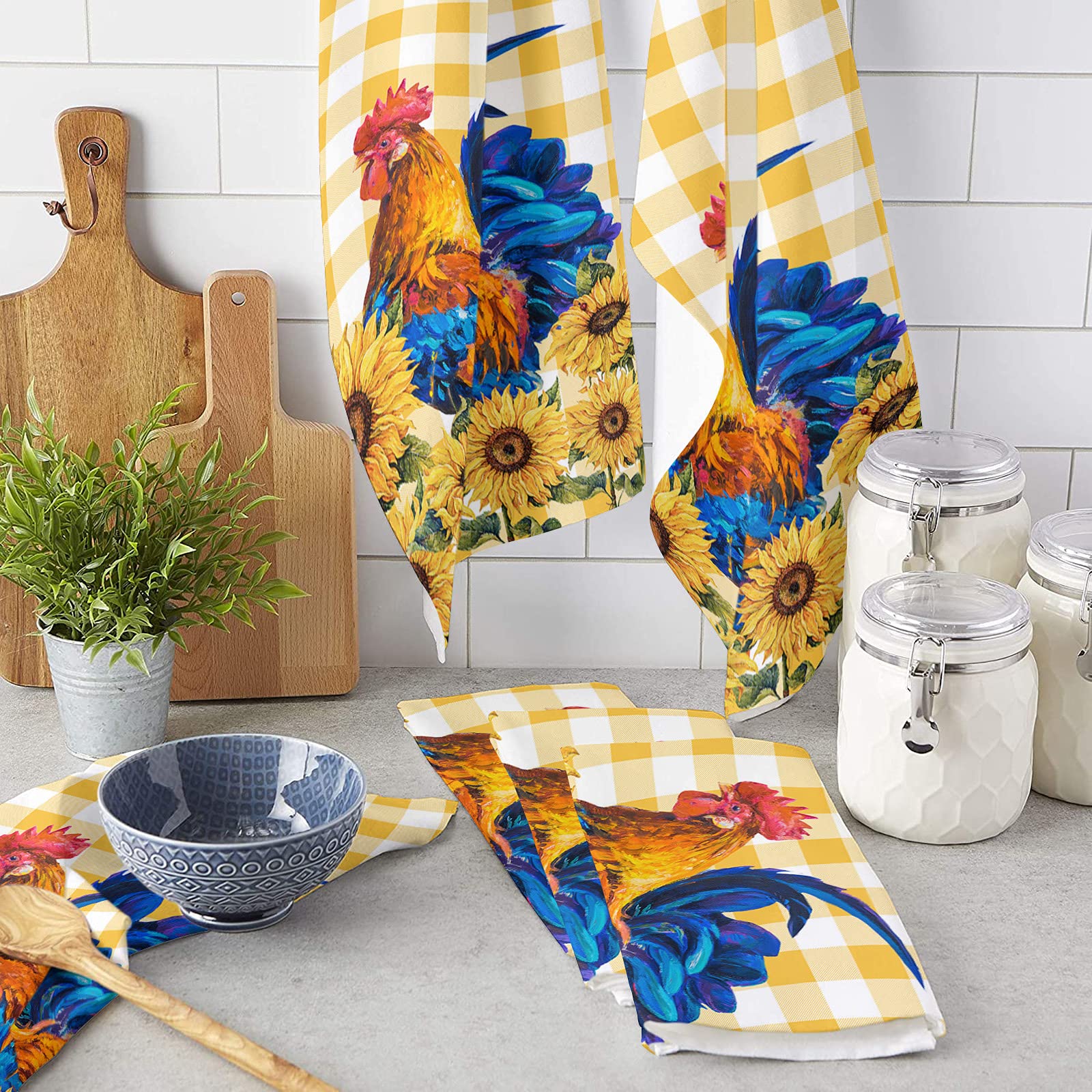 Kitchen Towels Farm Animal Rooster Sunflower Chicken Absorbent Tea Towel Soft Hand Dish Towel Yellow Plaid Reusable Washable Cleaning Cloth for Bathroom Bar for Everyday Cooking (Pack of 3)