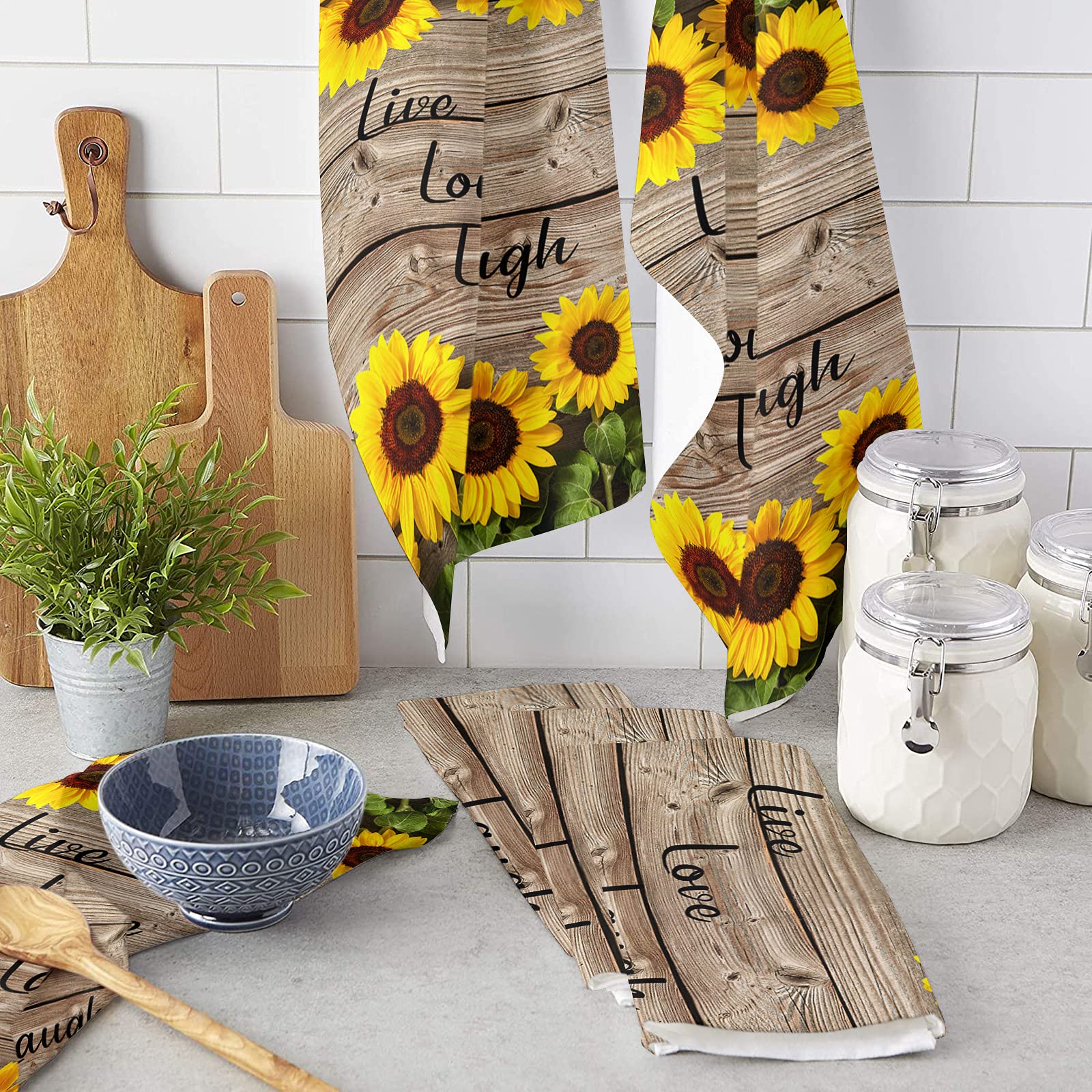 3 Pack Sunflowers Floral Kitchen Towels with Hanging Loop Super Absorbent Soft Farmhouse Dish Towels for Kitchen Live LoveLaugh Rustic Country Tea Hand Towels 18x28 Drying Cleaning Home Decor