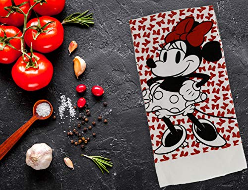 Disney 100% Cotton Kitchen Towels, 2pk, Perfect for Drying Dishes & Hands, Absorbent, Light Weight, and Adorable- Machine Washable- 16” x 26” - Minnie Red Bows