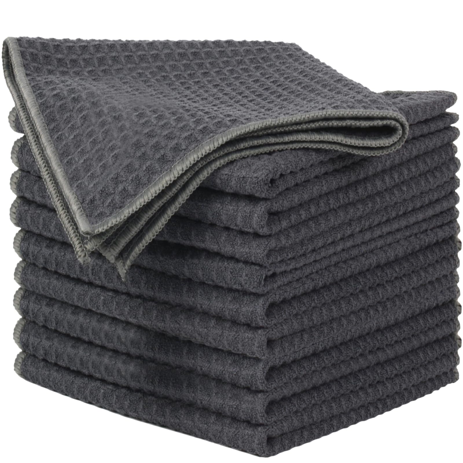 SINLAND Microfiber Waffle Weave Dishcloths Cleaning Cloths 10 Pack 13inch X 13inch Grey