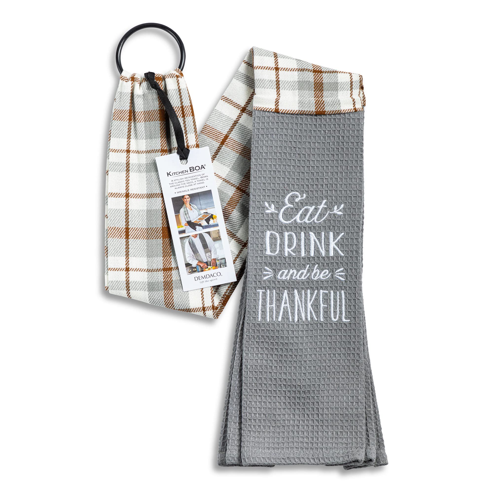 DEMDACO Eat Drink and Be Thankful Grey Plaid 68 inch 100% Cotton Dish Towel Boa