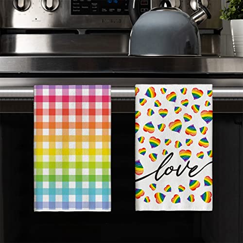 Artoid Mode Watercolor Buffalo Plaid Rainbow Love LGBT Home Kitchen Dish Towels, 18 x 26 Inch Ultra Absorbent Coffee Tea Bar Hand Towels Bathroom Gift for Cooking Baking Set of 4