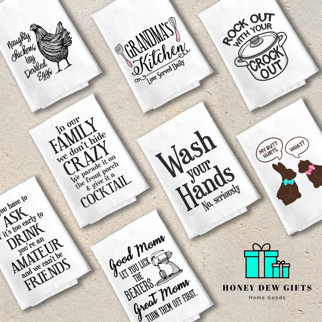 Honey Dew Gifts, What Happens at Gigi's Stays at Gigi's, Cotton Flour Sack Towels, 27 inch by 27 inch, Made in USA, Kitchen Towels, Grandma Towel, Gigi Mimi Granny Nana Gifts, Gigi Quotes