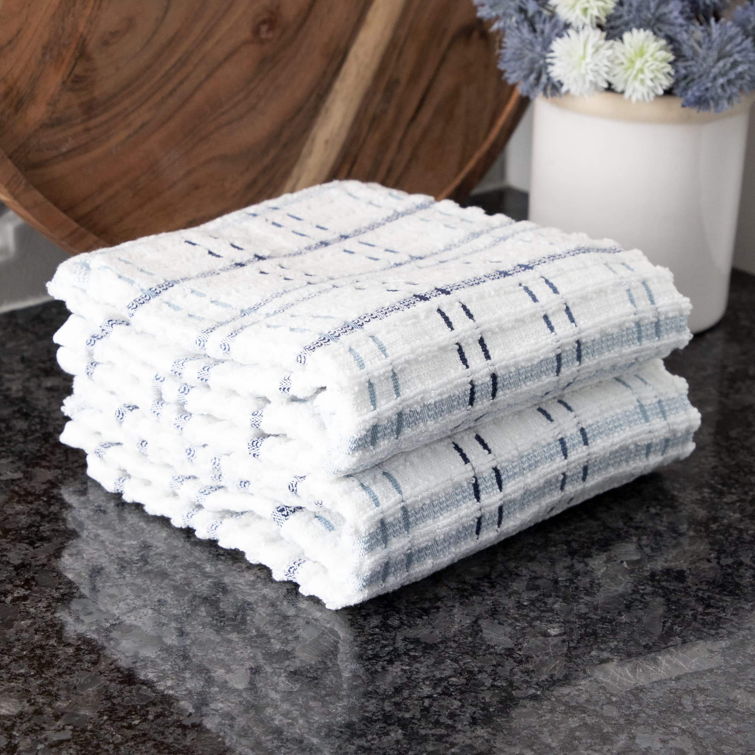 Ritz Royale Collection 100% Combed Terry Cotton, Highly Absorbent, Oversized Kitchen Towel Set, 28" x 18", 2-Pack, Checked, Federal Blue