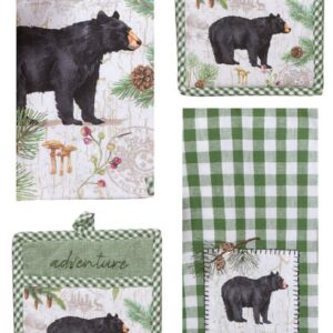 DHE Piece Black Bear Pinecone Trails Kitchen Set, 1 Dual Purpose Towel, 1 Applique Towel and 2 Pocket Mitts Green