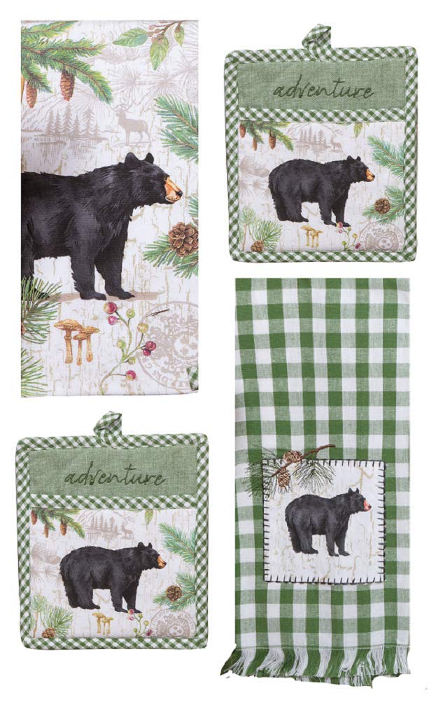 DHE Piece Black Bear Pinecone Trails Kitchen Set, 1 Dual Purpose Towel, 1 Applique Towel and 2 Pocket Mitts Green